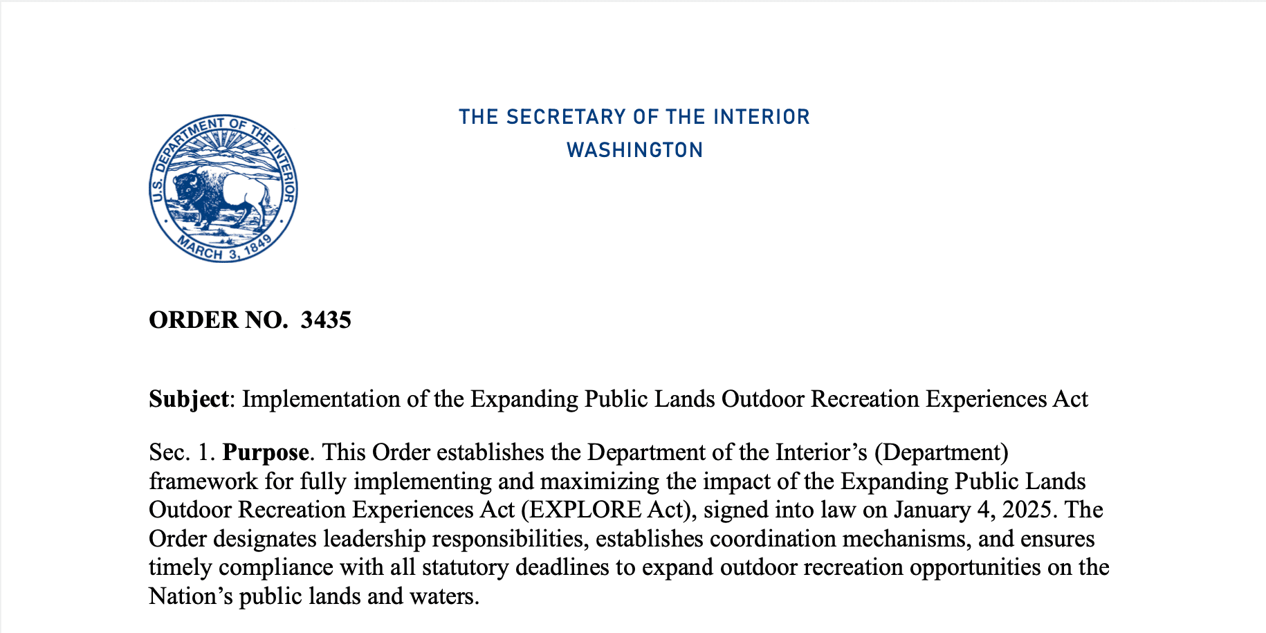 Secretarial Order Signed to Implement the EXPLORE Act - Outdoor ...